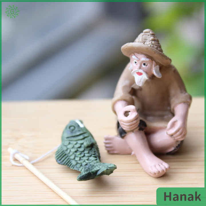 Hanak Eioce Fishing Old Man Resin Figure Statue Garden Ornament Micro ...