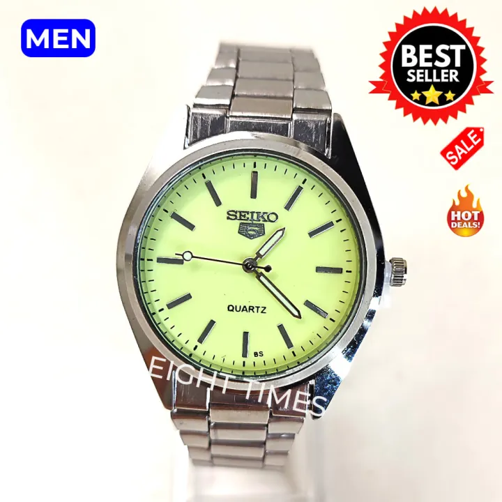 Seiko 5 Quartz Silver Green Luminous Dial Stainless Steel Watch for Men ...