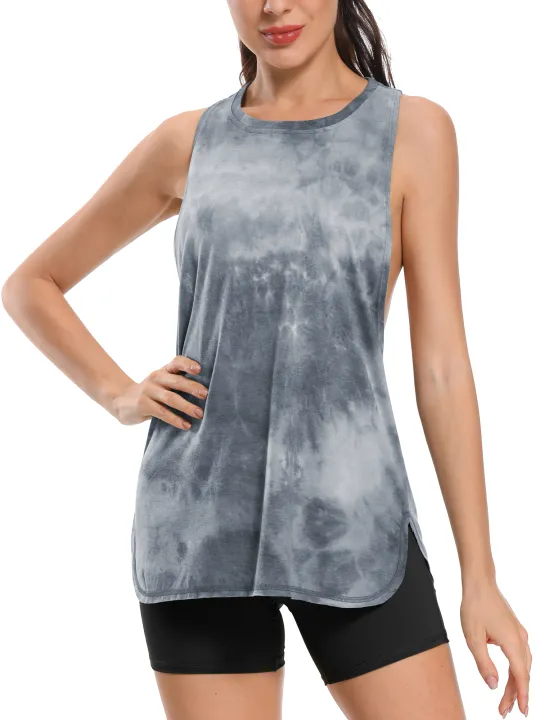 Charmo สตรีกีฬาถังเสื้อกั๊กแขนกุดออกกำลังกายเสื้อกล้ามมัดย้อมหลวมพอดี ...
