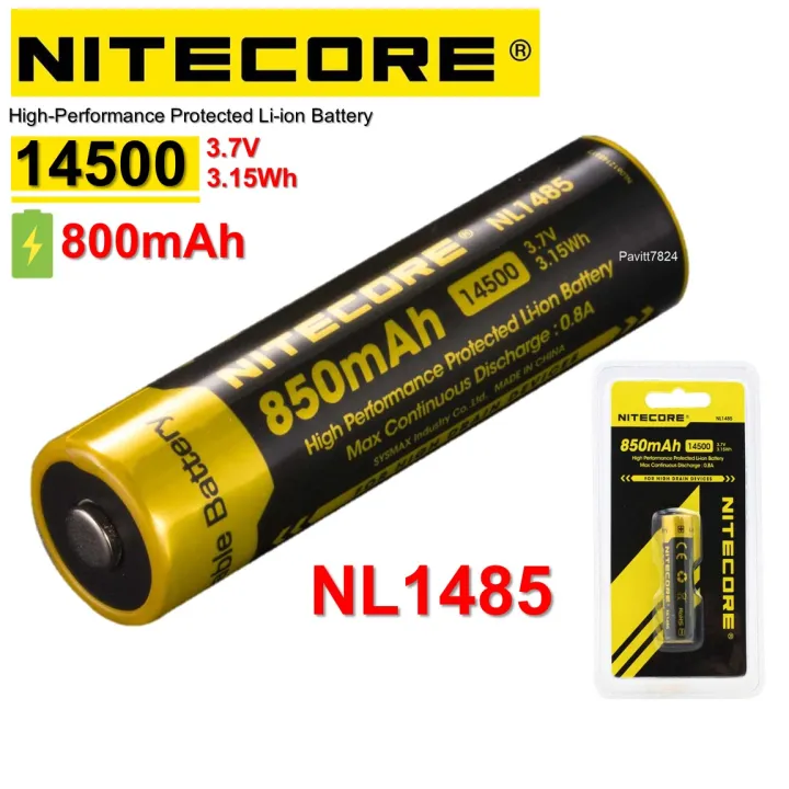 Nitecore NL1485 14500 850MAh 3.7V 3.15Wh 0.8A แบตเตอรี่ลิเธียมไอออน (Li ...