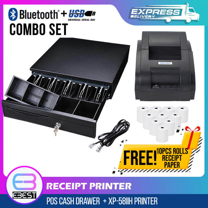 XP-58IIH Receipt Printer Bluetooth/USB + POS Cash Drawer (4Bills + 5 ...