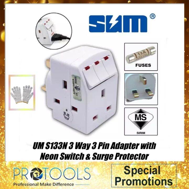 SUM S133N 3 Way 3 Pin Adapter with Neon Switch & Surge ProtectorSUM ...