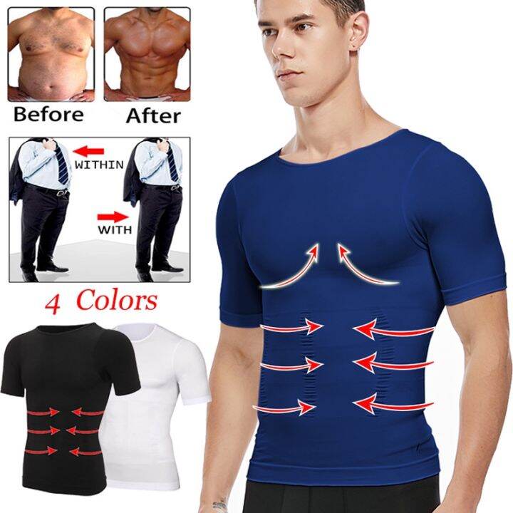 Mens Slimming Body Shaper Malecompression Chest Shirts Abdomen T-shirts ...