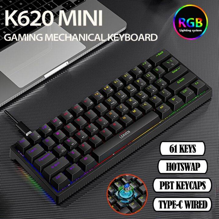 K620 Mini Gaming Mechanical Keyboard Hotswap 61 Keys RGB Type-C Wired ...