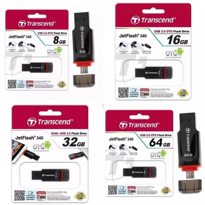 Transcend JetFlash 340 USB 2.0 OTG Flash Drive 4GB 8GB 16GB 32GB 64GB ...