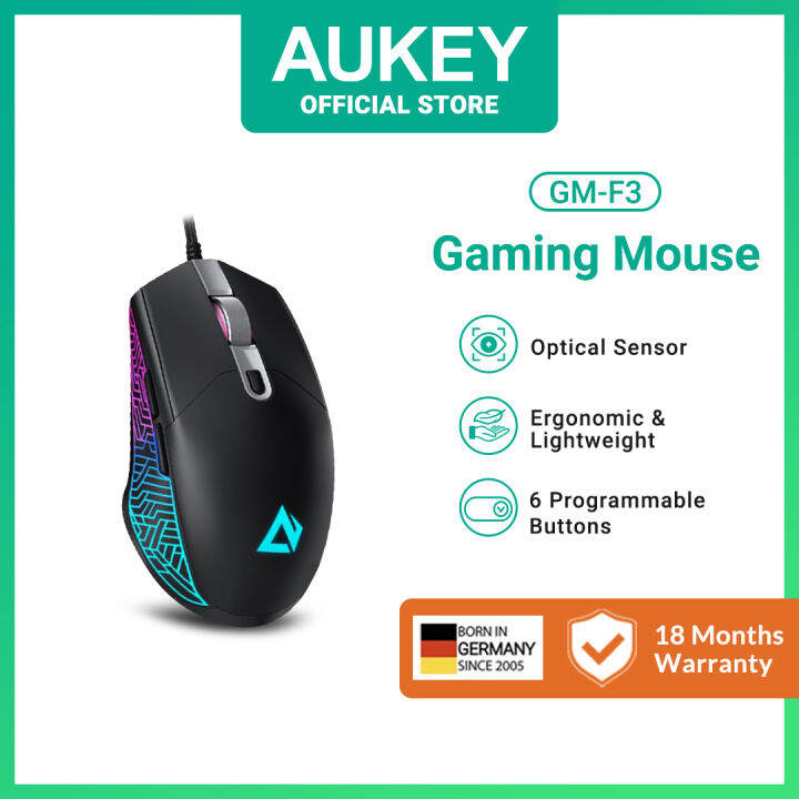 AUKEY GM-F3 RGB Wired Gaming Mouse with 7200 DPI Optical Sensor, 6 Programmable Buttons ...