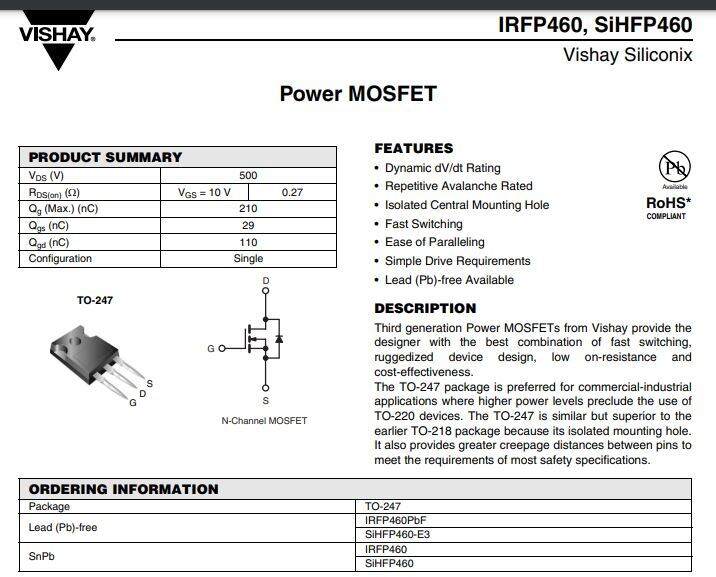 Transistor IRFP460 / irfp460 / irfp460pbf N-Channel MOSFET 500V 20amp ...