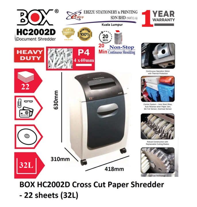 BOX HC2002D Cross Cut Paper Shredder - 22 sheets (32L) (Cross Cut ...