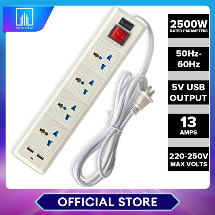Home Zania 2-4M Socket Extension 4 Outlet 2 USB Ports, Extension Cord, Overload Switch ST-EX ...