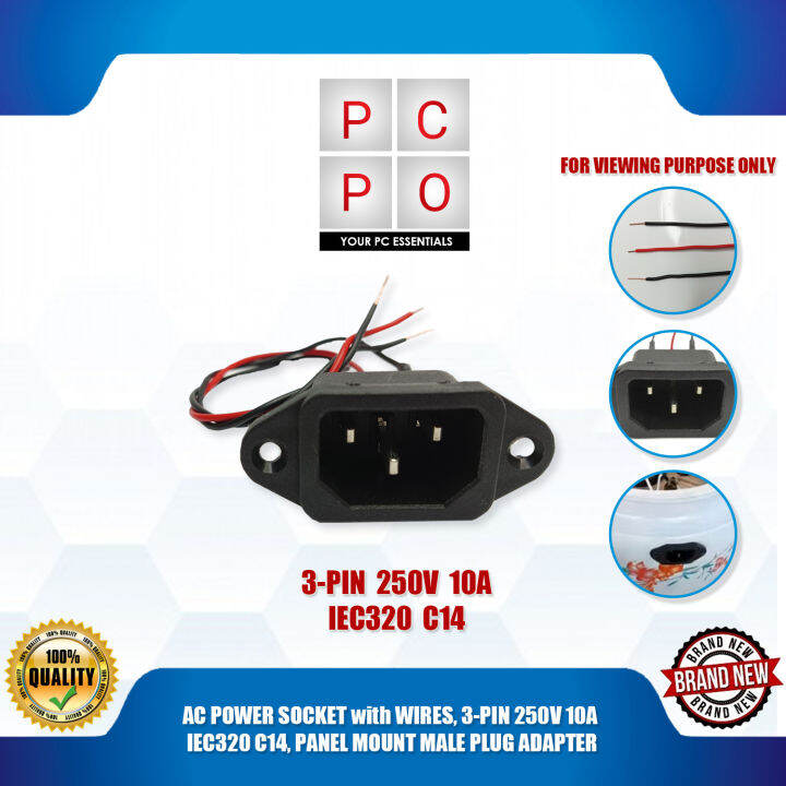 AC POWER SOCKET with WIRES, 3-PIN 250V 10A IEC320 C14, PANEL MOUNT MALE ...