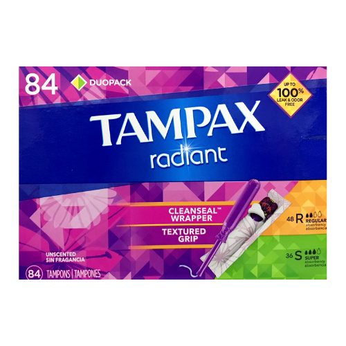 TAMPAX Radiant Tampons, Duo Pack 48 Regular & 36 Super Absorbency, 84 ...