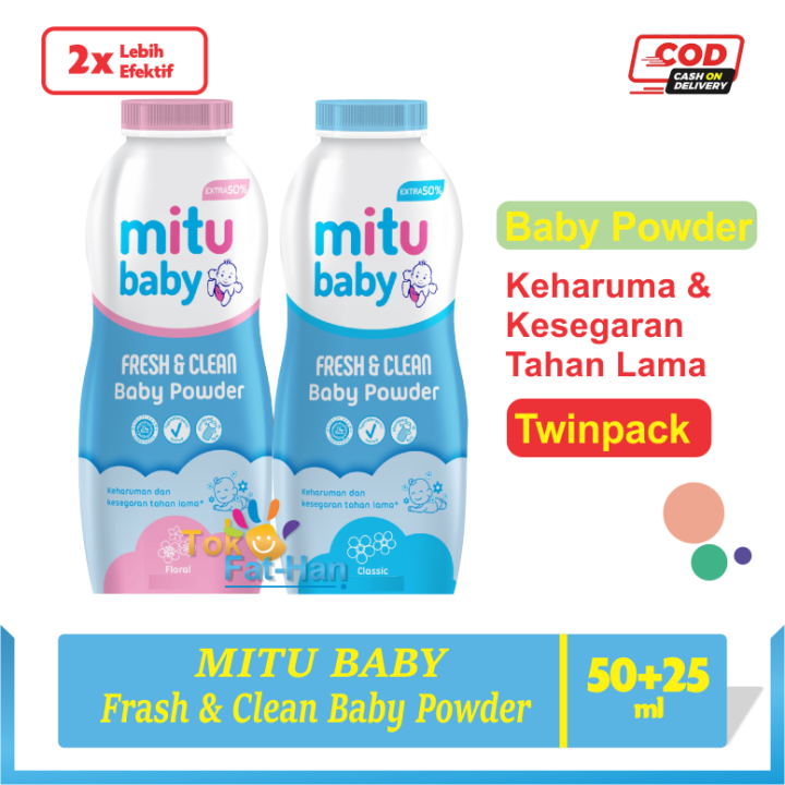 (2pcs) Mitu Baby Powder Fresh & Clean Blue Classic 50+ 50 gr - Bedak Bayi (Twinpack) | Lazada ...