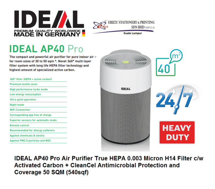 IDEAL AP40 Pro Air Purifier True HEPA 0.003 Micron H14 Filter c/w Activated Carbon + CleanCel ...