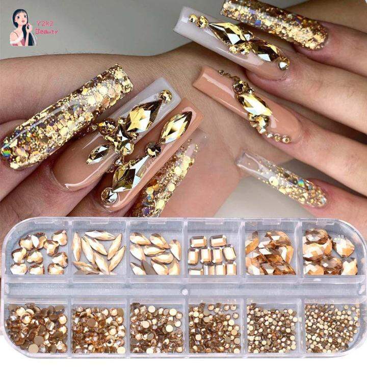 Y2K2อุปกรณ์แต่งเล็บ12ช่องสีแชมเปญแบบญี่ปุ่นอุปกรณ์แต่งเล็บเครื่องประดับหินสีติดเล็บออโรร่าสำหรับ ...
