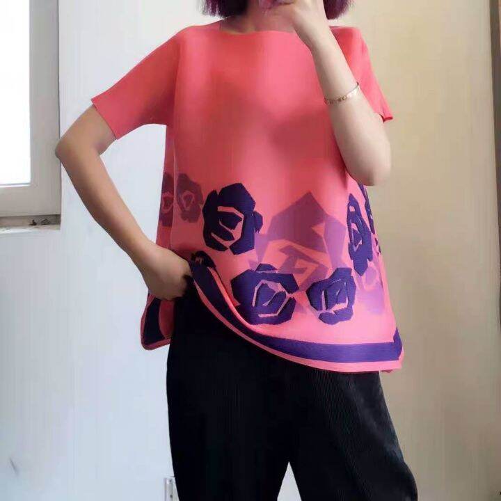 William's Castle Miyake เสื้อคอกลมแขนสั้นจับจีบไซส์ใหญ่แฟชั่นสไตล์ ...