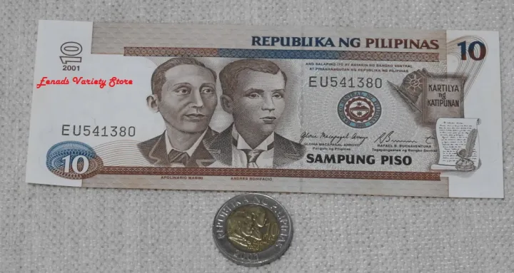 2001 10-Piso Banknote UNC SN: EH333051 with 2001 10-Piso Coin. | Lazada PH