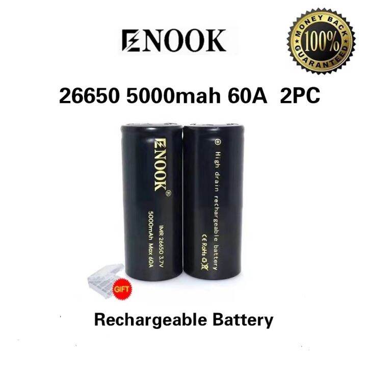 Enook 26650 Lithium ion 5000mAh max 60A 3.7V rechargeable (2Pcs ...