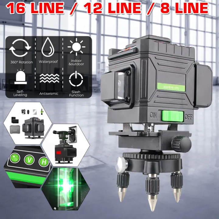 Green Laser Level 4D 12/16 Lines Professional Self-Leveling 360 Horizontal Vertical Green Line ...
