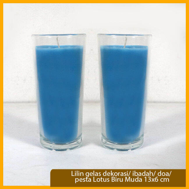 Lilin gelas dekorasi/ ibadah/ doa/ pesta Lotus Biru Muda 13x6 cm ...