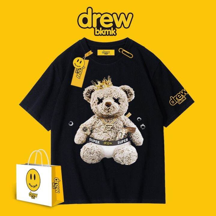 เสื้อยืดลายหมี Bkmk แขนสั้นอเมริกาแบบย้อนยุคยิ้มแนวสตรีทผ้าคอตตอนแนว ...