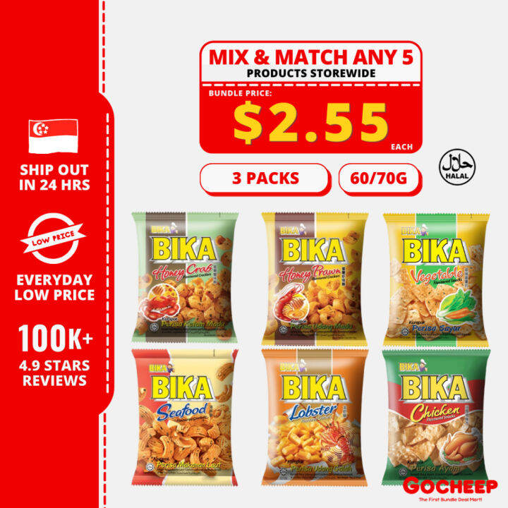 (3Packs) Bika Chicken Prawn Crab Seafood Snacks Chips Snack Biscuit Chip Candy Seaweed Peanut ...