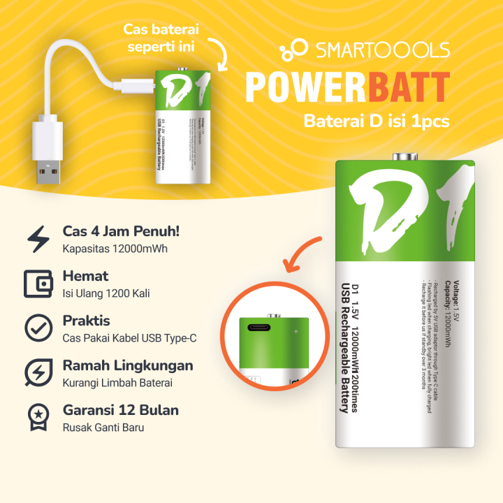 Baterai Cas Isi Ulang Smartoools PowerBatt Ukuran D Voltase 1.5V dengan ...