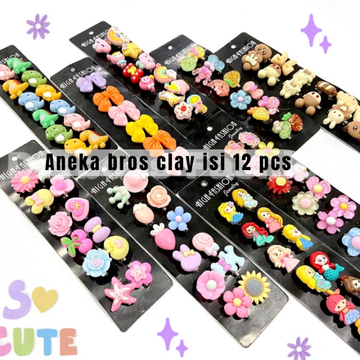 12 Pcs Bros dagu clay imut lusinan terbaru bros anak perempuan aneka karakter lucu | Lazada ...