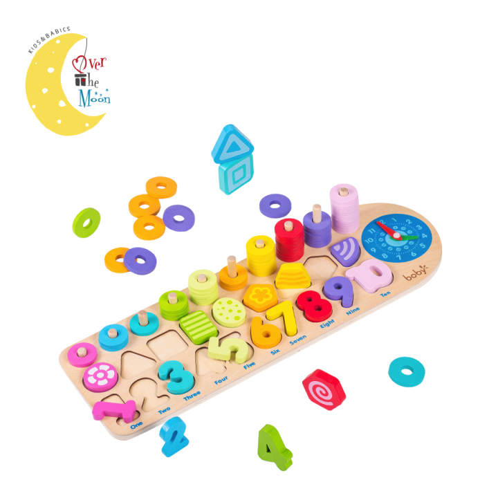 Over The Moon Children's Wooden 4-in-1 Numbers Shapes Clock Stacker ...