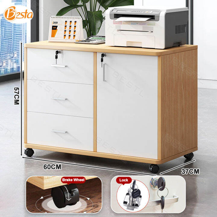 【Removable Wheels】Home Office File Cabinet with Lock Wooden Locker Data ...