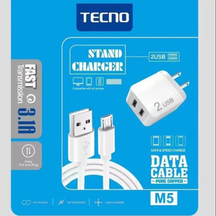 TECNO 2 in 1 travel fast charging 3.1A charger Dual usb adapter with ...