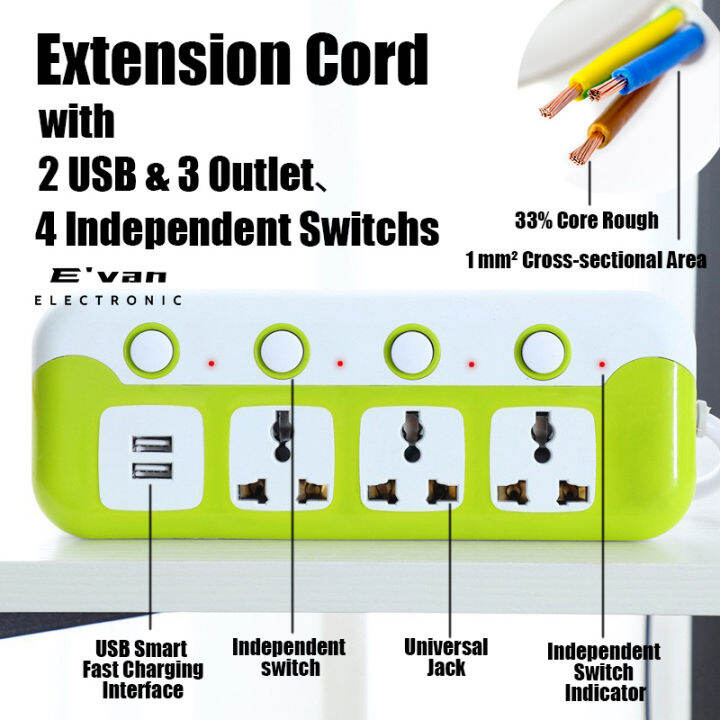 Multi Function Extension Socket With 4 Power Socket 2 Usb Ports Extension Cord With Independent