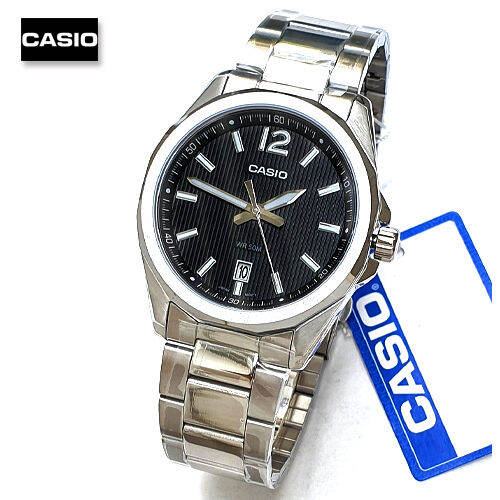 Velashop นาฬิกาข้อมือผู้ชายคาสิโอ Casio Standard สายแสตนเลสสีเงิน หน้าปัดดำ รุ่น MTP-E725D-1AVDF ...