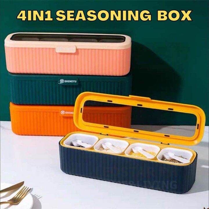 Multi-functional Seasoning Box Kitchen 4 Grid with Spoon Condiment ...