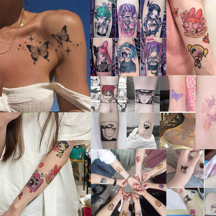 [YWYK] INS การ์ตูนตัวอักษรผีเสื้อสักสติ๊กเกอร์กันน้ำติดทนนานเซ็กซี่ดอกไม้แขนหน้าอกชั่วคราวรอยสัก ...