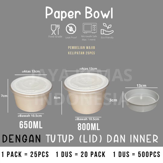 PAPER BOWL + TUTUP + INNER (SEKAT) 650ml / 800ml | Rice bowl tempat ...