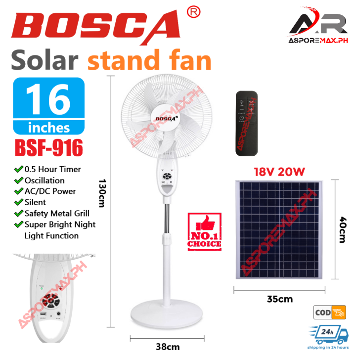 BOSCA Solar Electricfan Recahrgeable Electric Fan Stand Fan with night ...