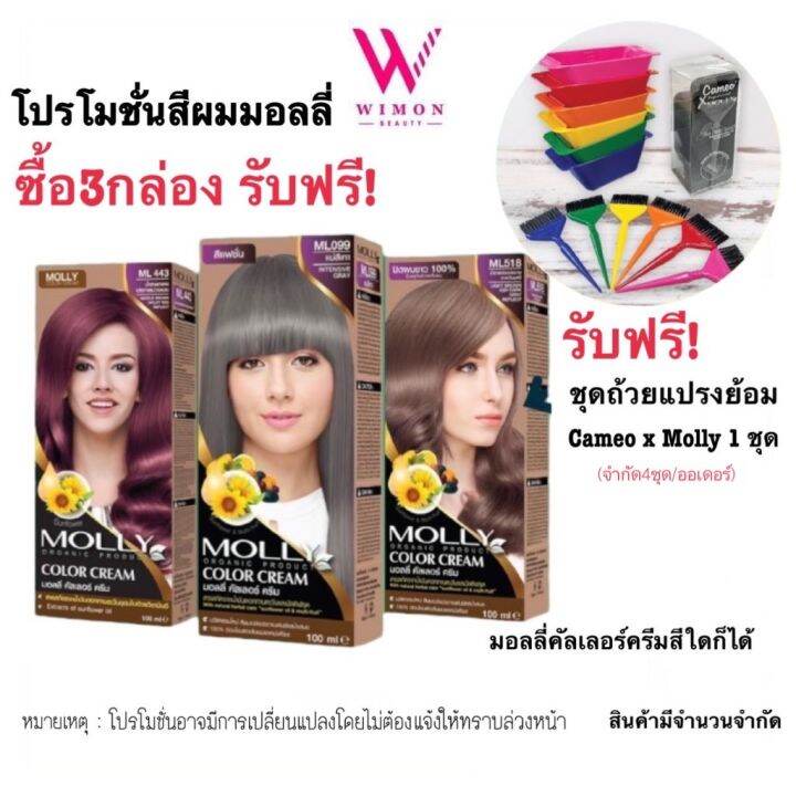 (ซื้อครบ3กล่องรับฟรีถ้วยแปรงย้อม1ชุด)(โทนปิดผมขาว)Molly Organic Product ...