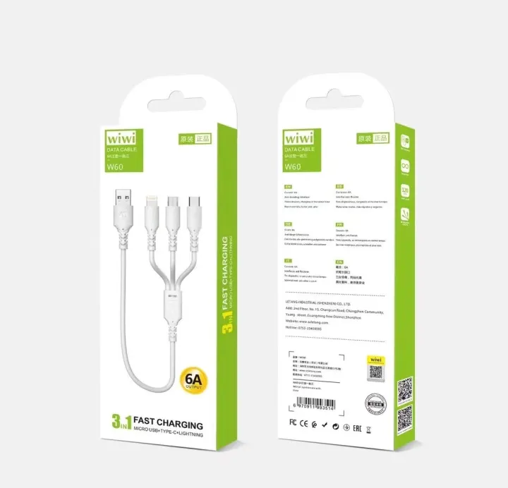 wiwi w60 3in1 Original 6A fast charging Micro+Type C+Lighting data ...