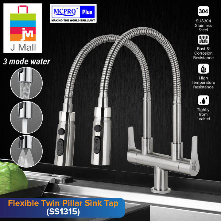 MCPRO SUS304 Stainless Steel FLEXIBLE TWIN PILLAR SINK TAP with 3 MODE ...