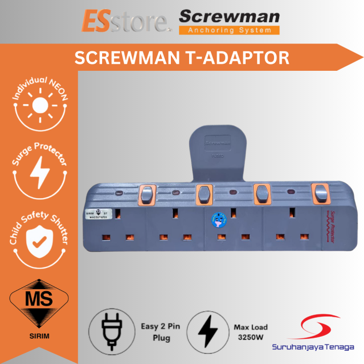 Screwman Adaport Wall Plug T Adaptor Extension Trailing Socket 3 Way ...