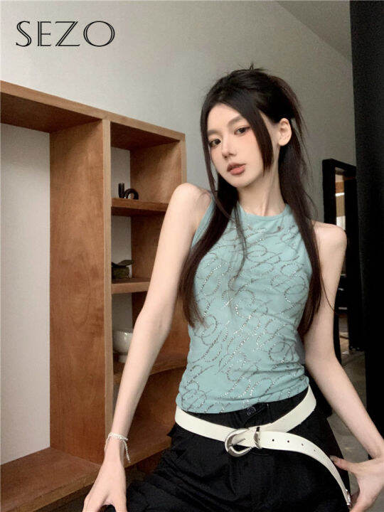 SEZO เสื้อกั๊กมีสายคล้องคอกระดุมเพชรประดับแขนกุดสำหรับผู้หญิงแบบเกาหลี ...