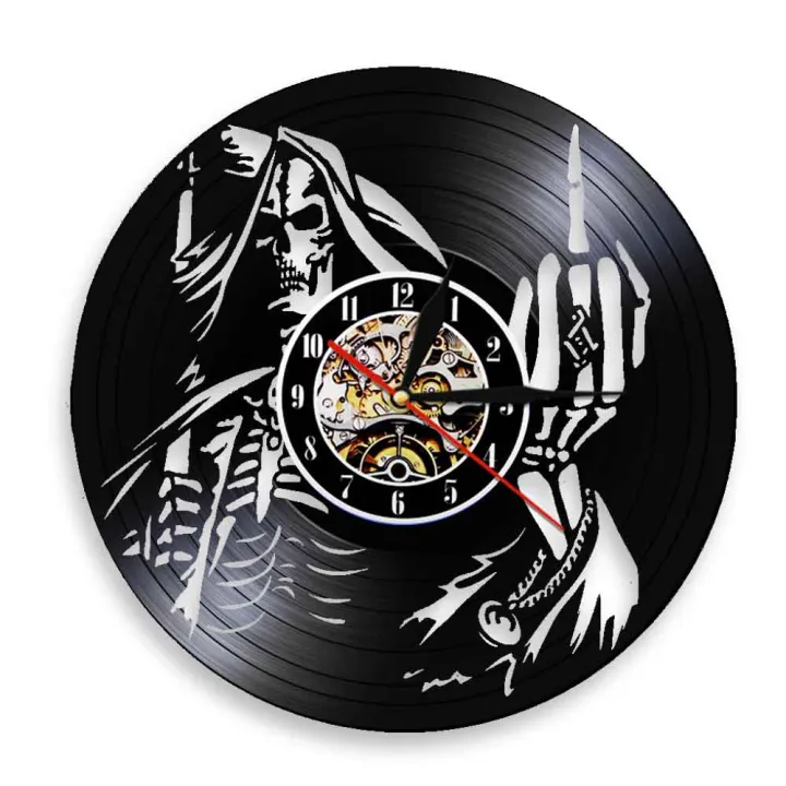 Punk Skull Wall Art Up Yours Vinyl Record Clock Skeleton Middle Finger ...