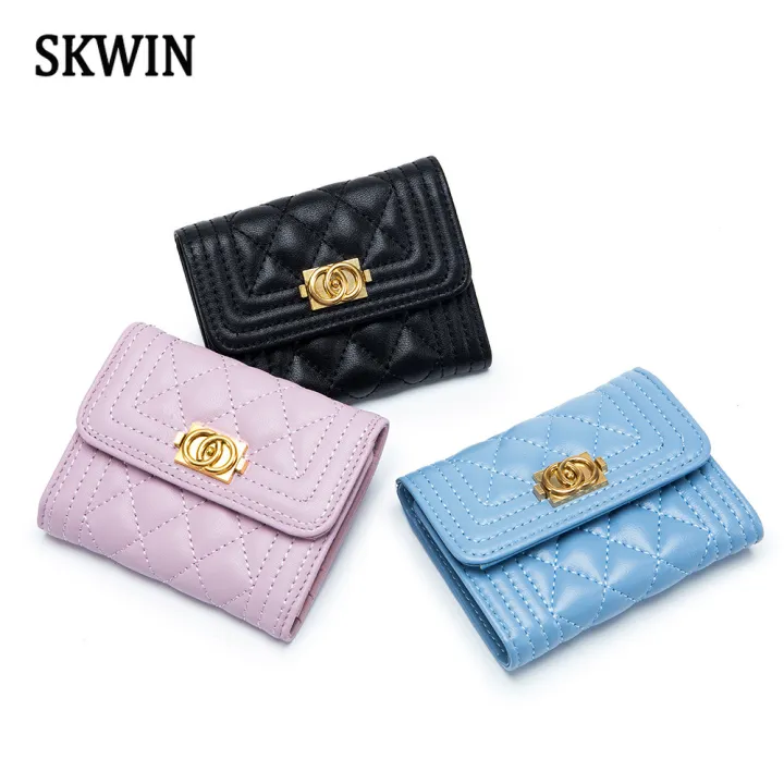 SKWIN มินิกระเป๋าสตางค์สั้นสำหรับผู้หญิงหนังแกะจริงแฟชั่น Rhombus กระเป๋าสตางค์ใหม่ซิปพับอัลตร้า ...