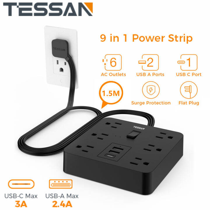 TESSAN 1.5M Charging station Multiple Outlets with 6 AC & 3 USB ...