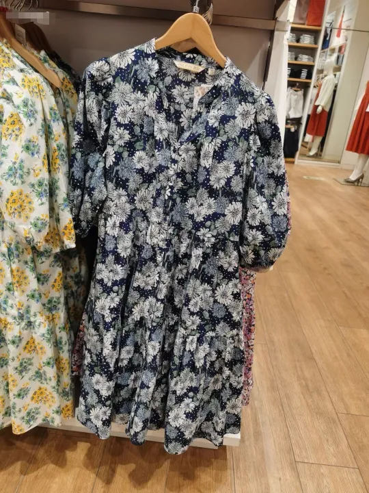 U ชุดเดรสชั้นแขนพองผ้าฝ้ายสำหรับผู้หญิง,ชุดกระโปรงยาวปานกลางลายดอกไม้มี ...