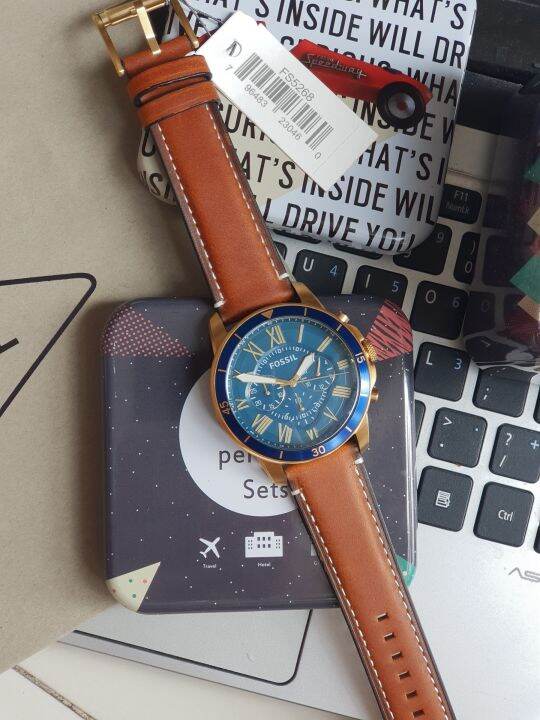 Original Fossil Men Grant Sport Blue Dial Chronograph Leather Watch ...