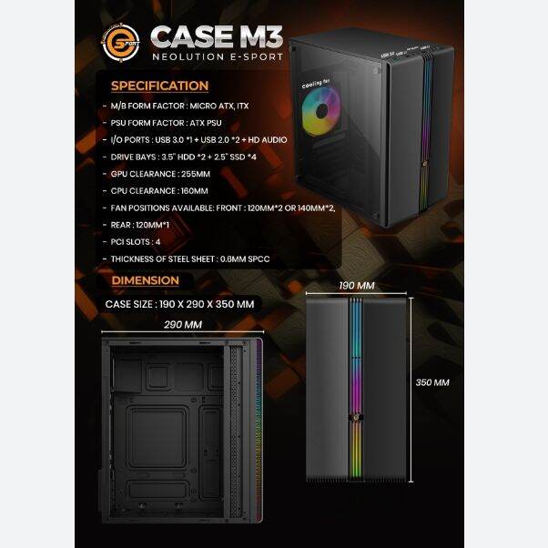CASE (เคส) NEOLUTION M3 GAMING SPECIFICATION M/B FORM FACTOR : MICRO ...