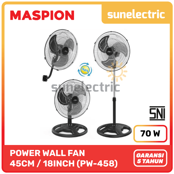 Maspion MSP PW-458 Power Fan 3in1 Wall + Desk + Stand Fan Besi Anti ...