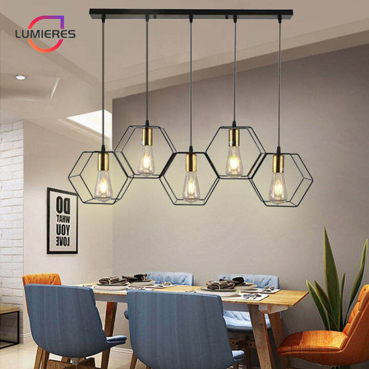 Hanging Light Geometric Metal Frame Pendant Light 5 Head Rustic ...