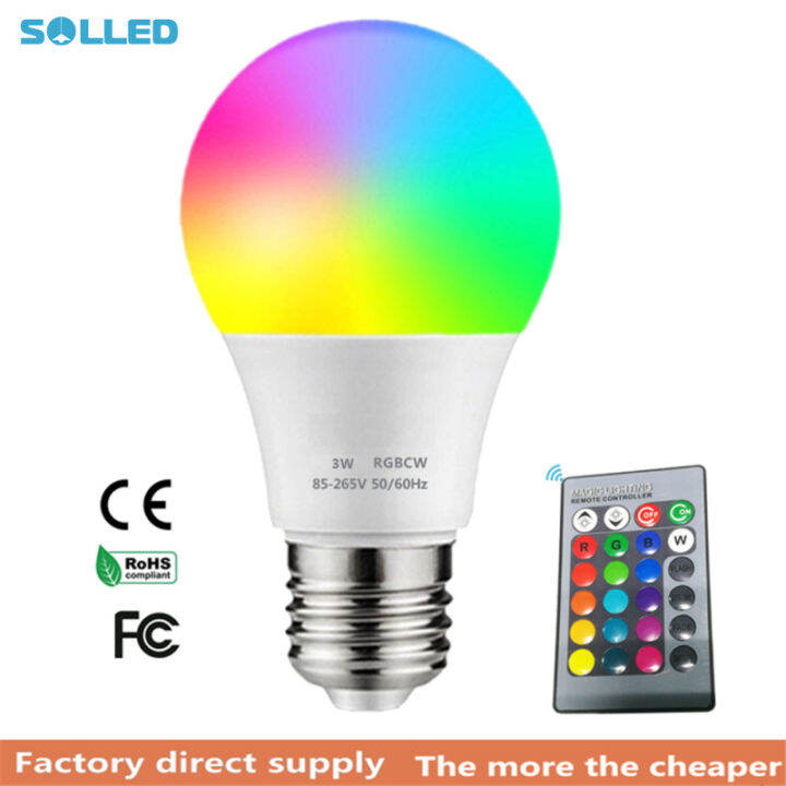Solled หลอดไฟ Rgb Led 3วัตต์ E27สีเปลี่ยนแสงได้4ระดับความสว่างปรับรีโมท